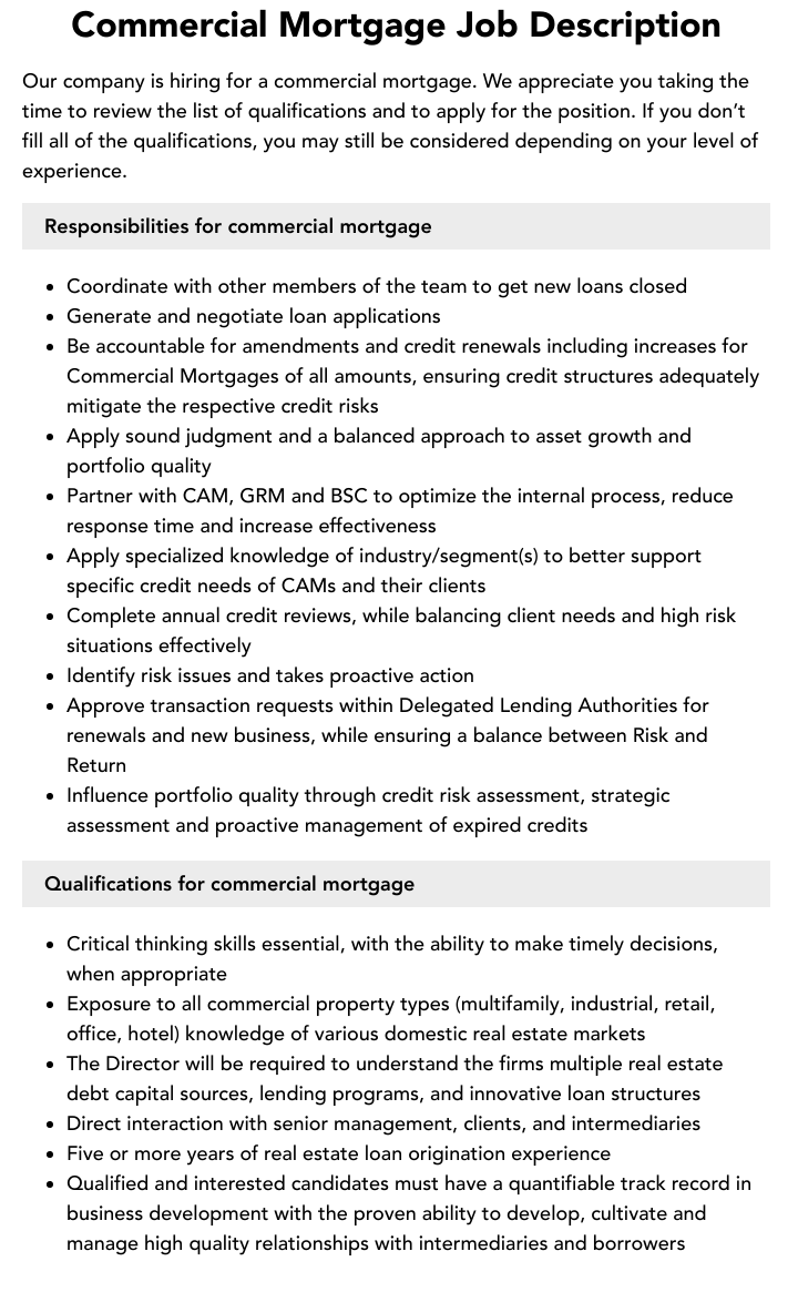 Commercial Mortgage Job Description Velvet Jobs