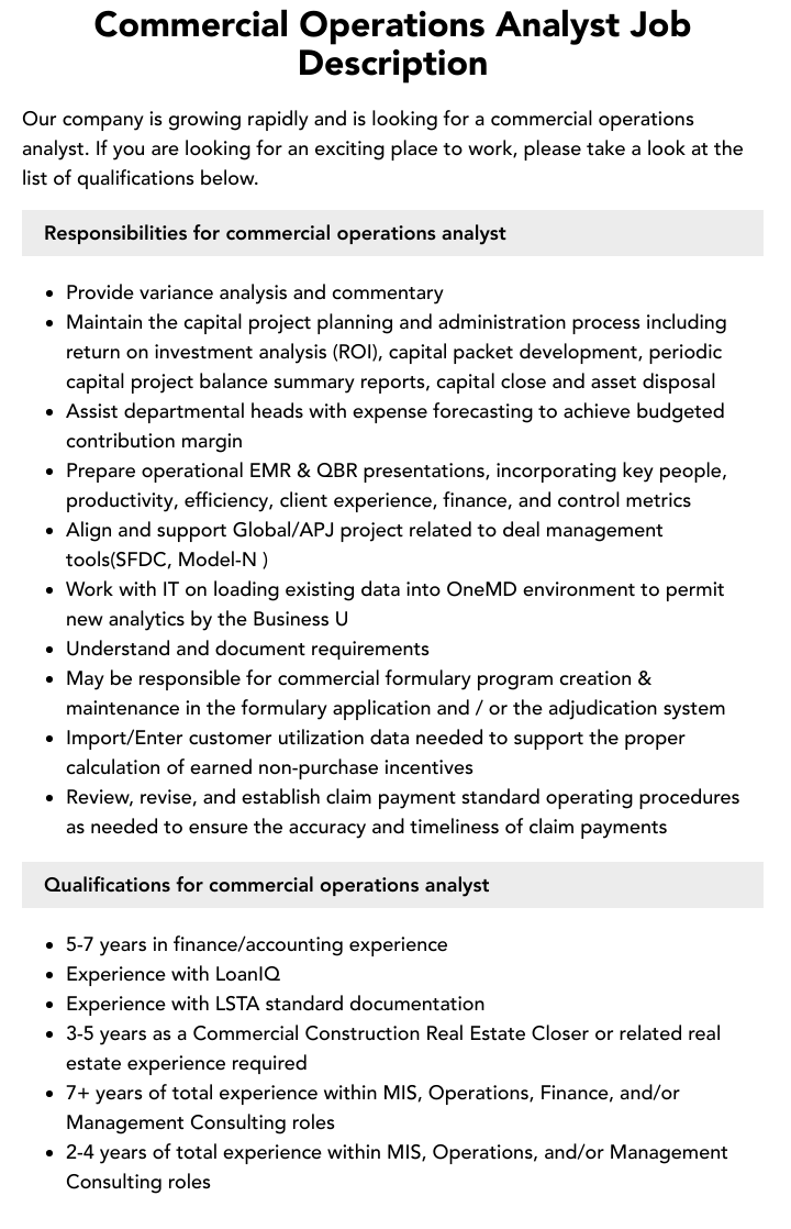 Commercial Operations Analyst Job Description Velvet Jobs Commercial Operations Analyst Job Description Velvet Jobs