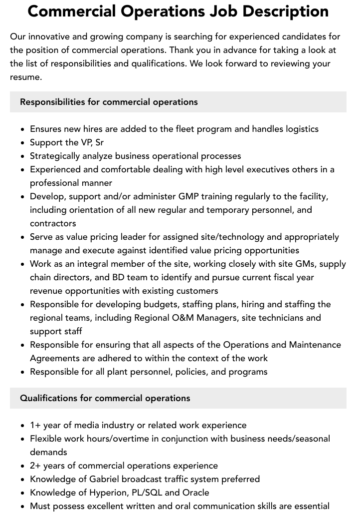 Commercial Operations Job Description Velvet Jobs Commercial Operations Job Description Velvet Jobs