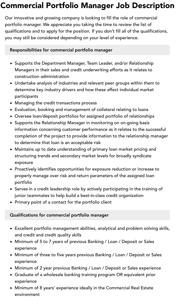 Commercial Portfolio Manager Job Description Velvet Jobs Commercial Portfolio Manager Job Description Velvet Jobs