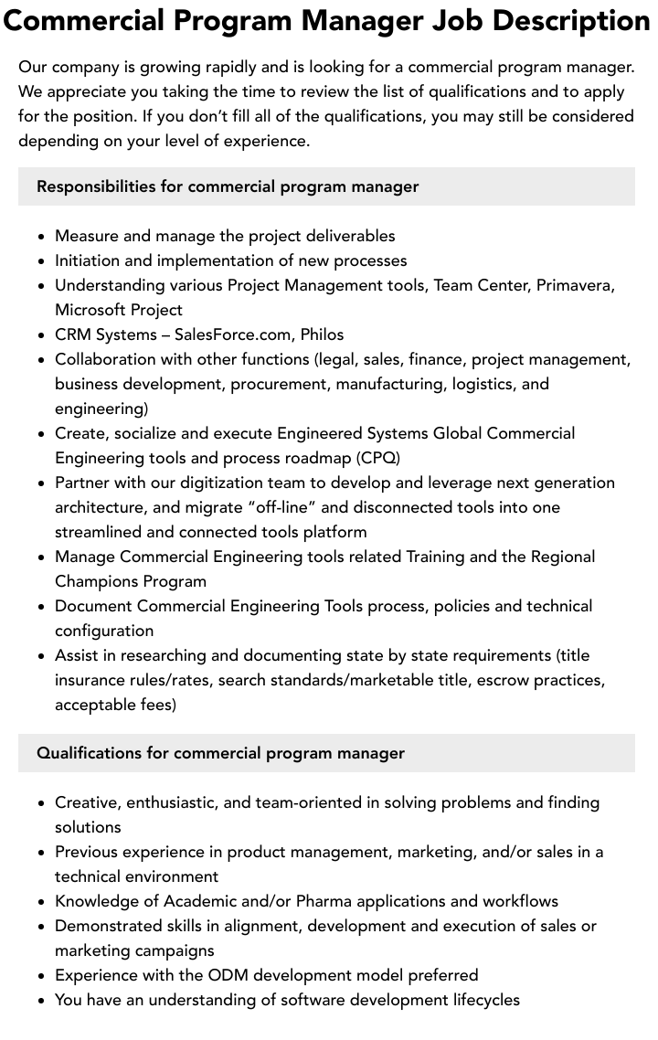 Commercial Program Manager Job Description Velvet Jobs
