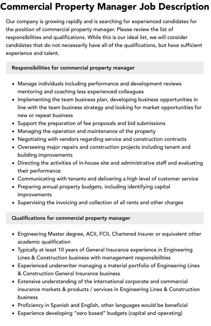 Commercial Property Manager Job Description Velvet Jobs