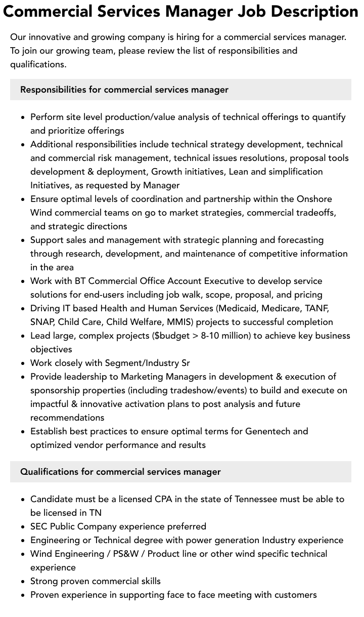 Commercial Services Manager Job Description Velvet Jobs