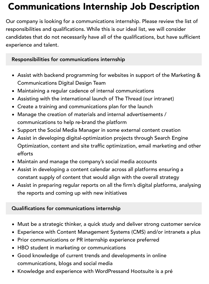 Communications Internship Job Description Velvet Jobs