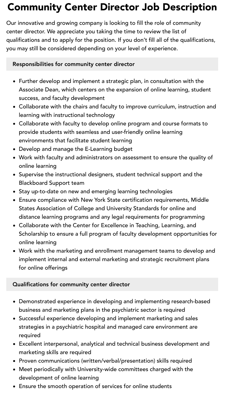 Community Center Director Job Description Velvet Jobs