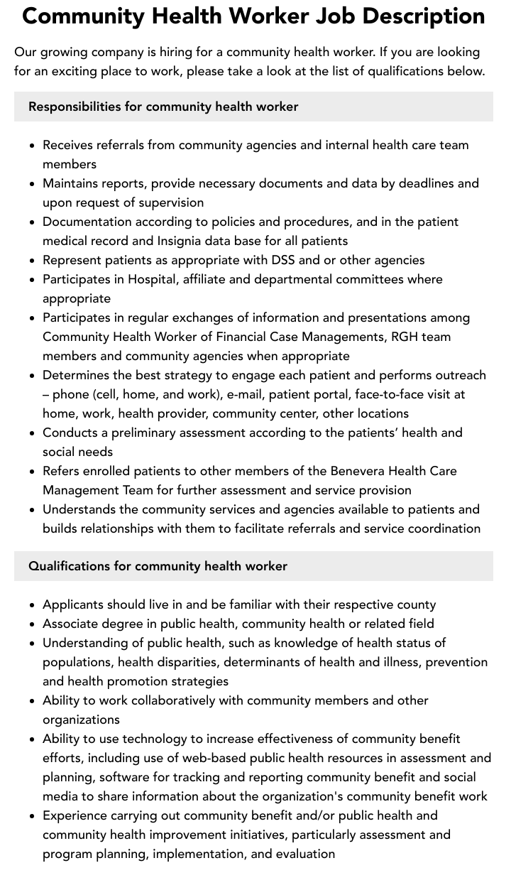 Community Health Worker Job Description Velvet Jobs