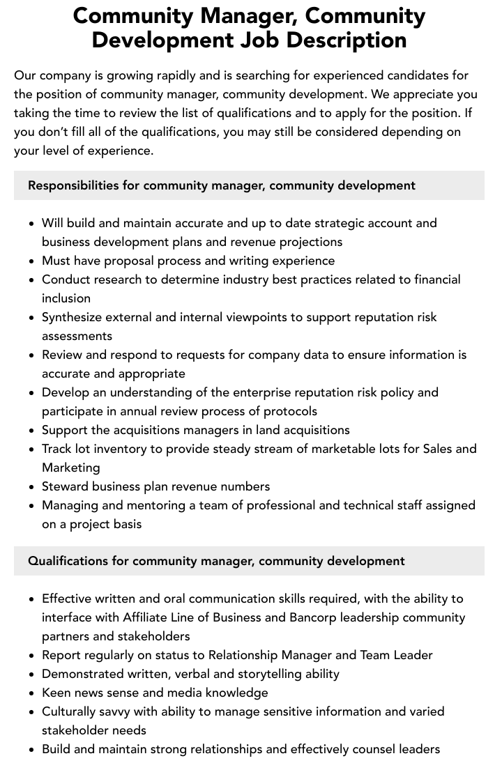 Community Manager Community Development Job Description Velvet Jobs