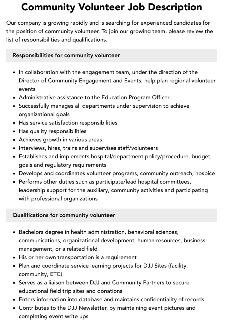 Community Volunteer Job Description Velvet Jobs