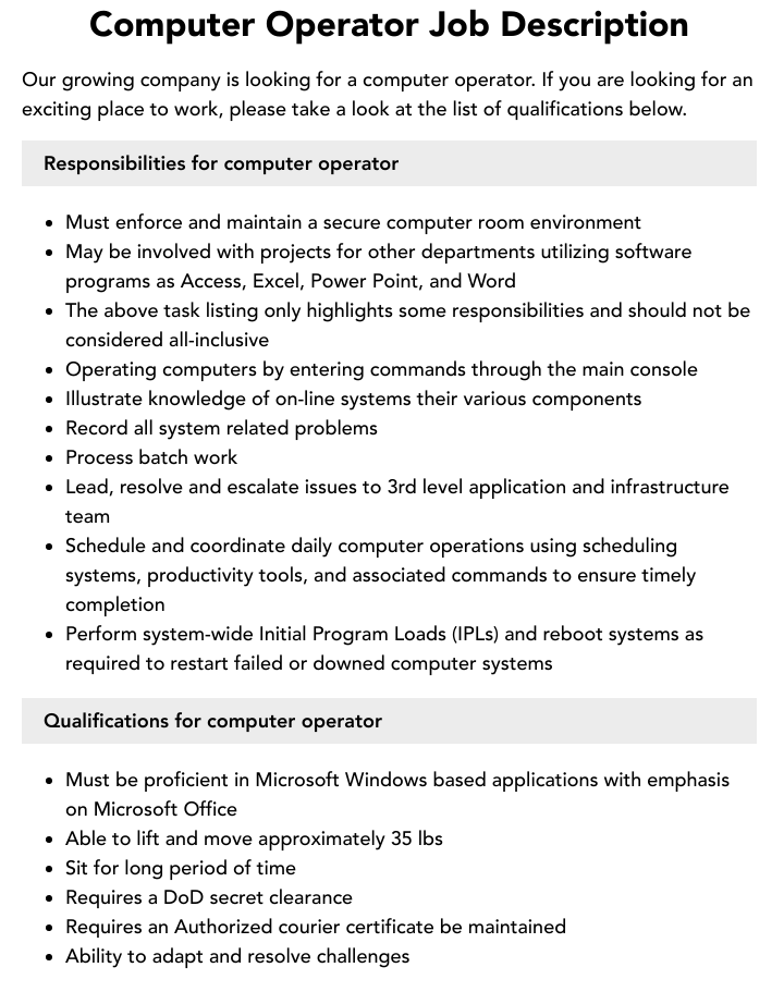Computer Operator Job Description Velvet Jobs