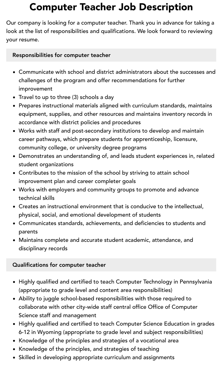 Computer Teacher Job Description Velvet Jobs