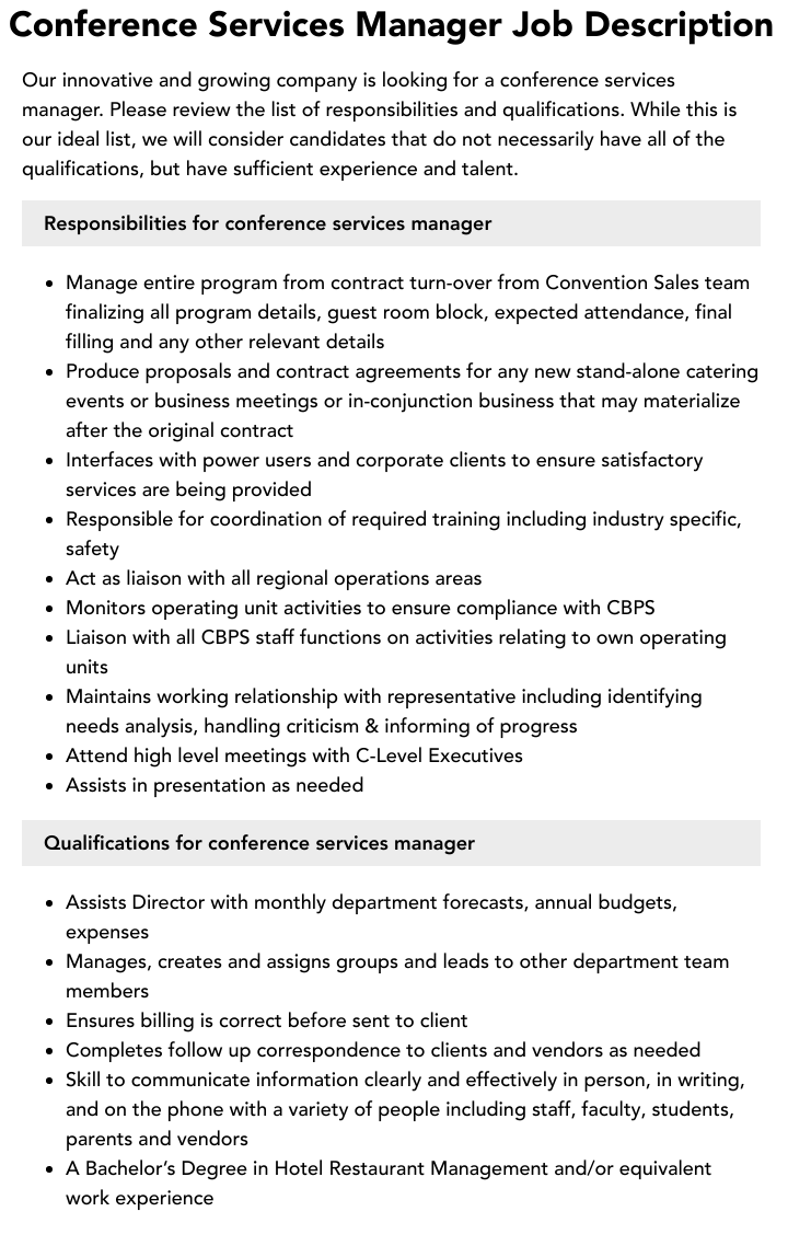 Conference Services Manager Job Description Velvet Jobs Conference Services Manager Job Description Velvet Jobs