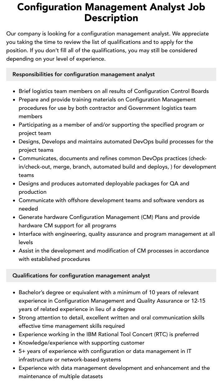 Configuration Management Analyst Job Description Velvet Jobs