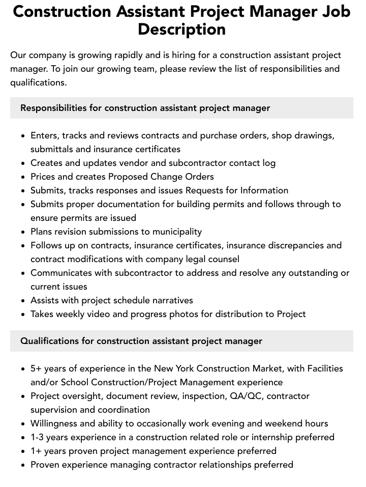 Construction Assistant Project Manager Job Description Velvet Jobs