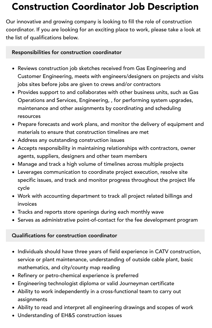Construction Coordinator Job Description Velvet Jobs