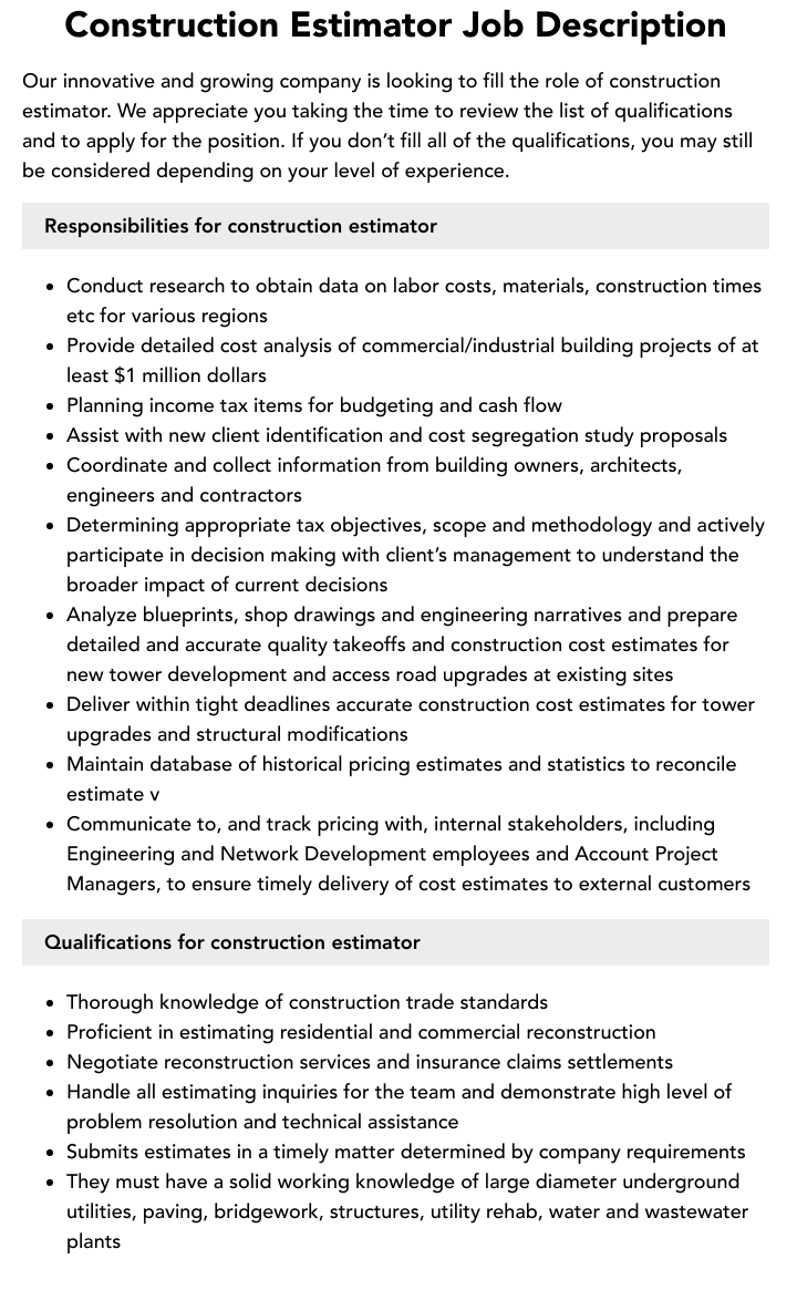Roles And Responsibilities Of Estimator In Construction