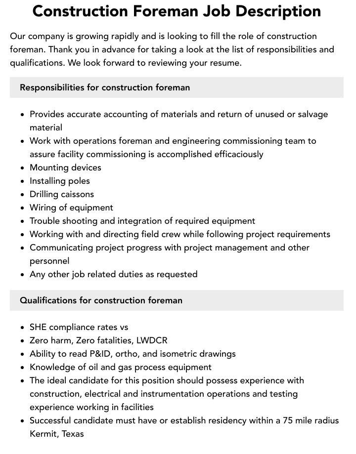 Construction Foreman Job Description Velvet Jobs