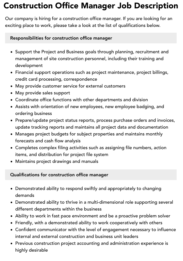 Construction Office Manager Job Description Velvet Jobs