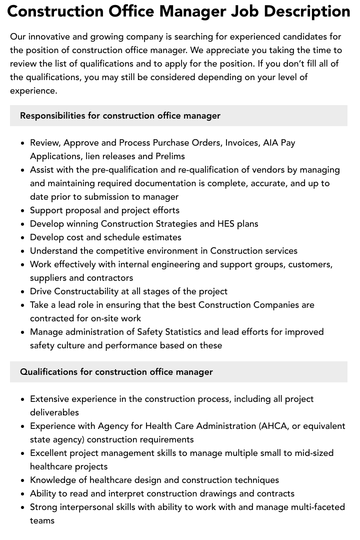 Construction Office Manager Job Description Velvet Jobs