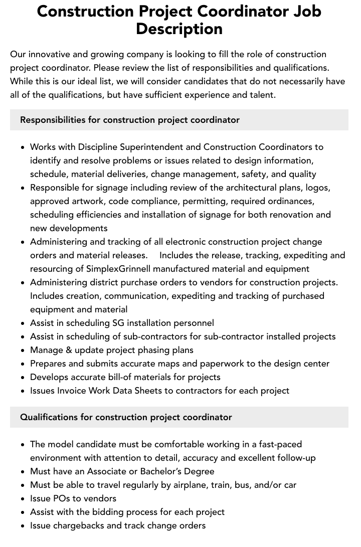 Construction Project Coordinator Job Description Velvet Jobs