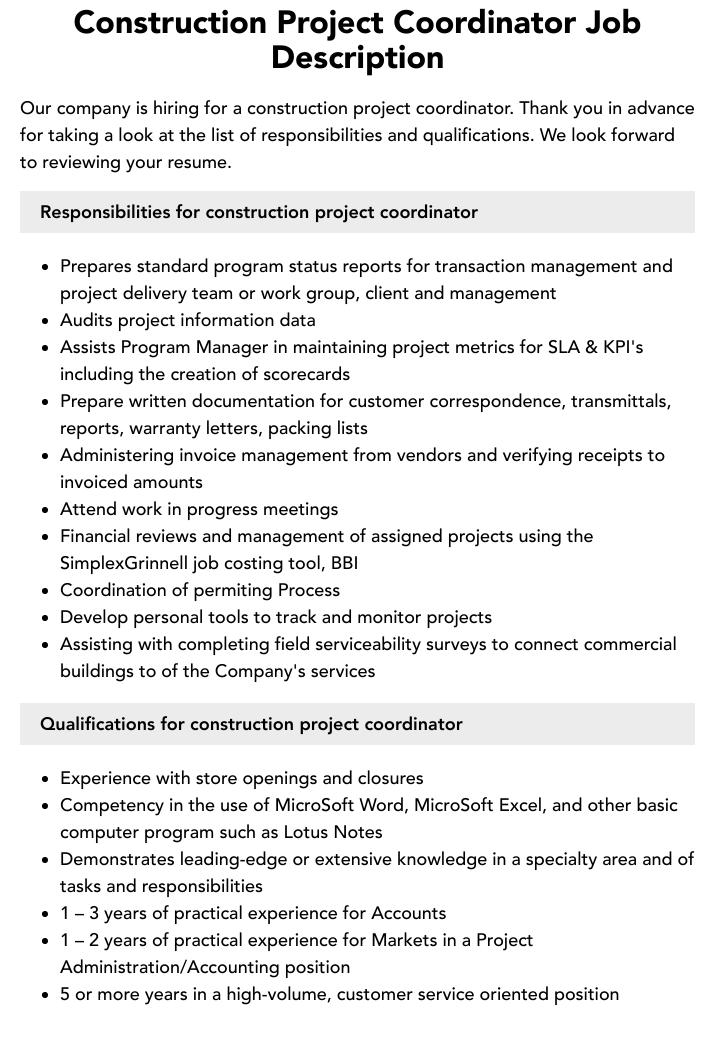 Construction Project Coordinator Job Description Velvet Jobs