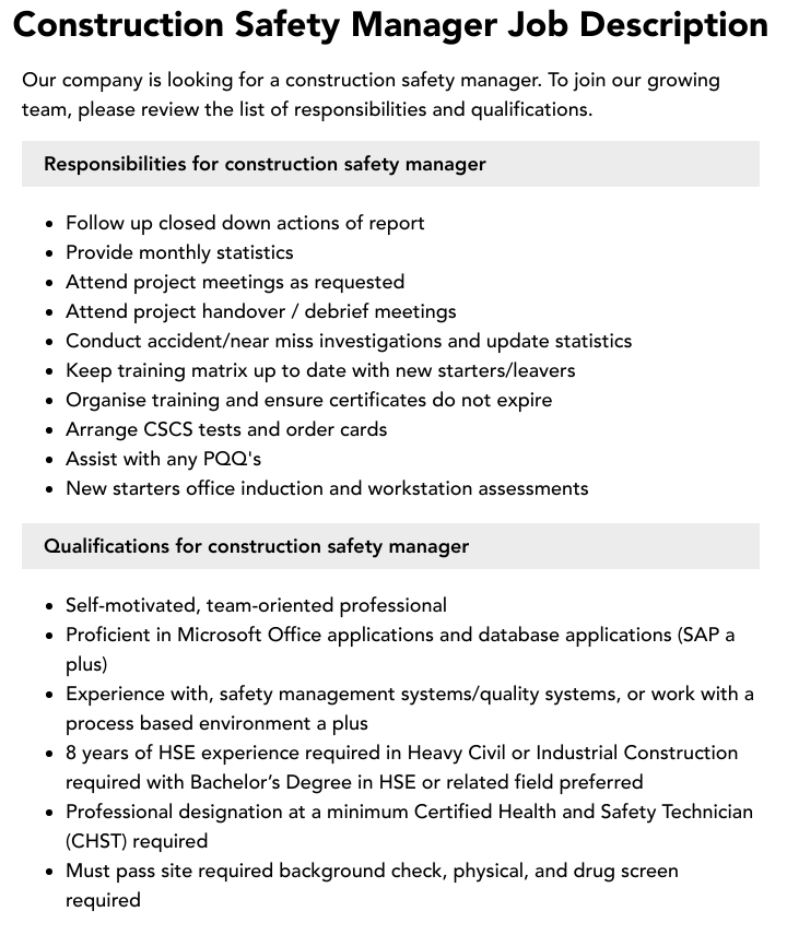 Construction Safety Manager Job Description Velvet Jobs