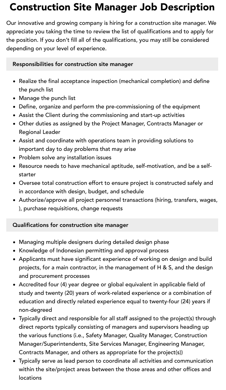 Construction Site Manager Job Description Velvet Jobs