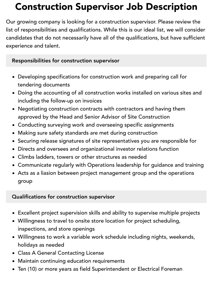 Construction Supervisor Job Description Velvet Jobs