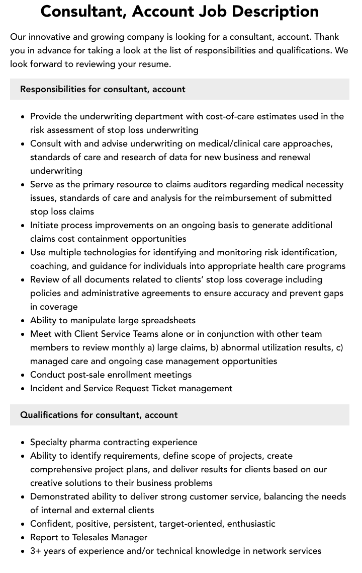 Consultant Account Job Description Velvet Jobs Consultant Account Job Description Velvet Jobs