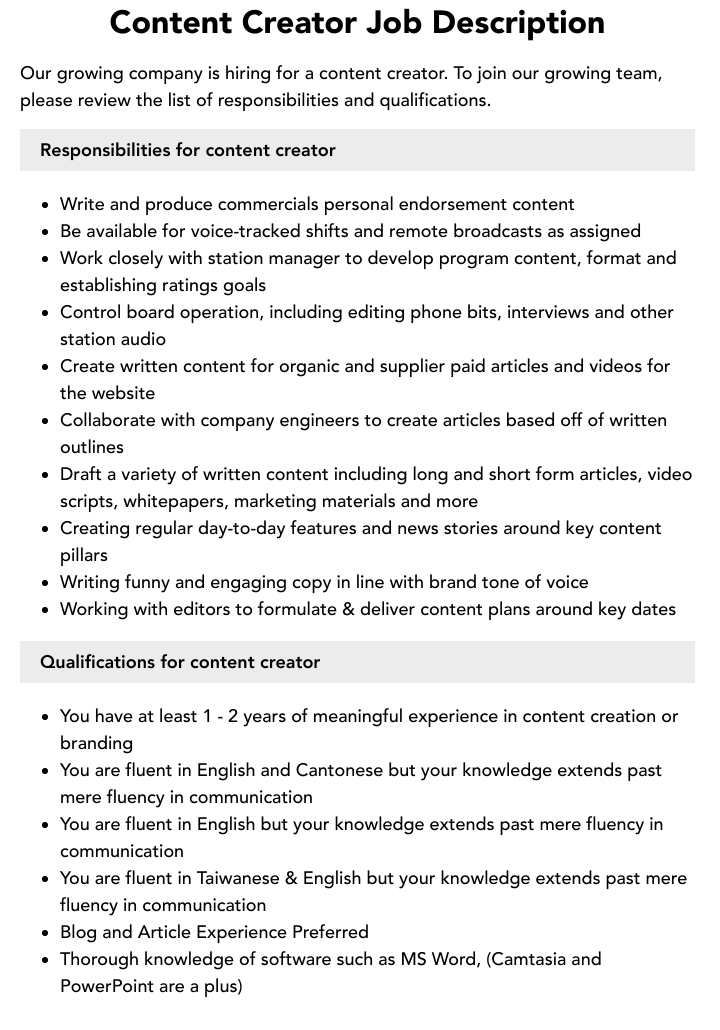 Content Creator Job Description Velvet Jobs
