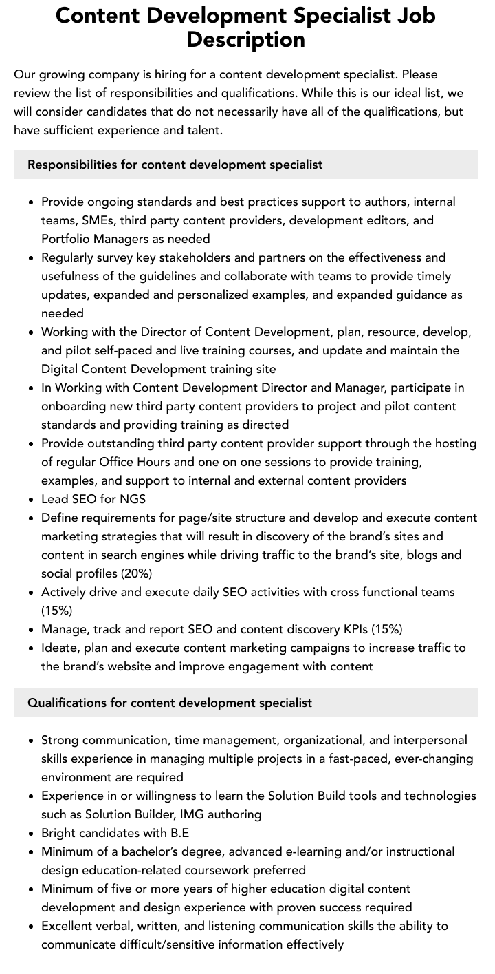 Content Development Specialist Job Description Velvet Jobs