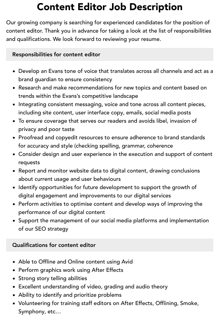 Content Editor Job Description Velvet Jobs Content Editor Job Description Velvet Jobs