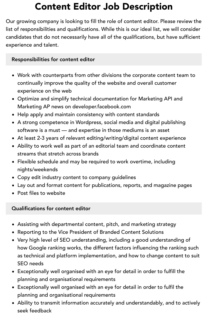 Content Editor Job Description Velvet Jobs