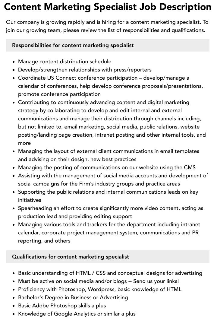 Content Marketing Specialist Job Description Velvet Jobs Content Marketing Specialist Job Description Velvet Jobs