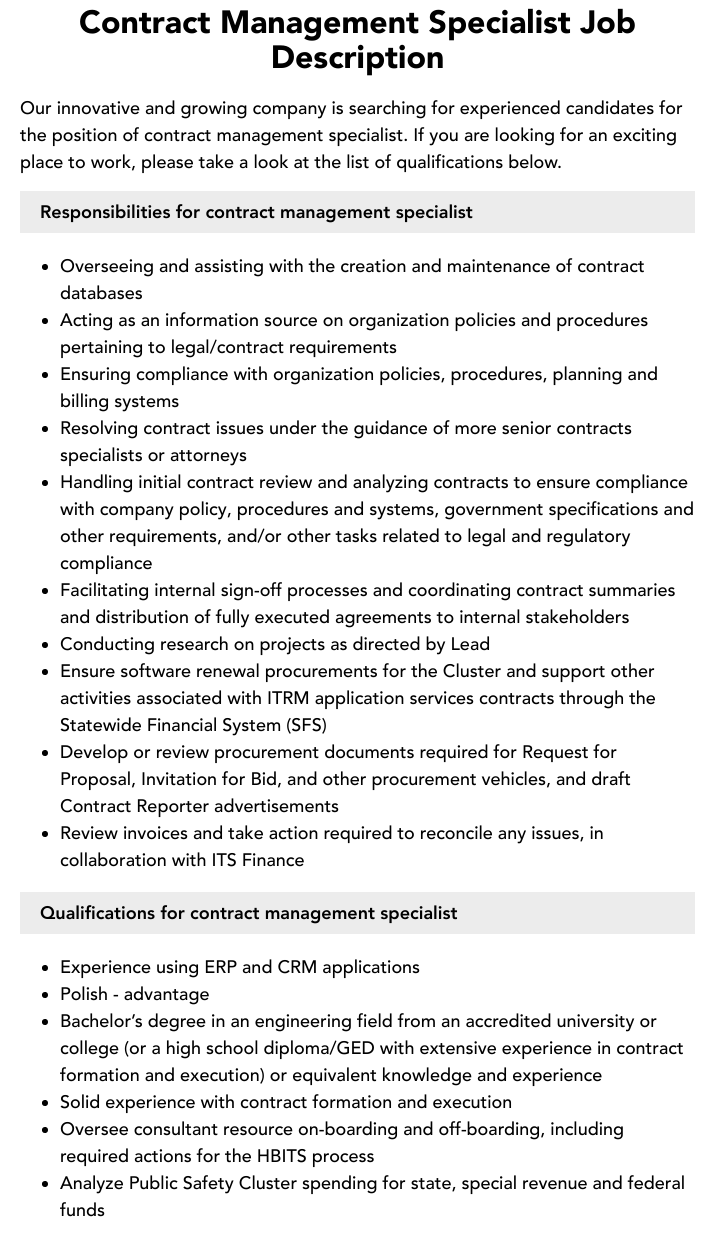 Contract Management Specialist Job Description Velvet Jobs