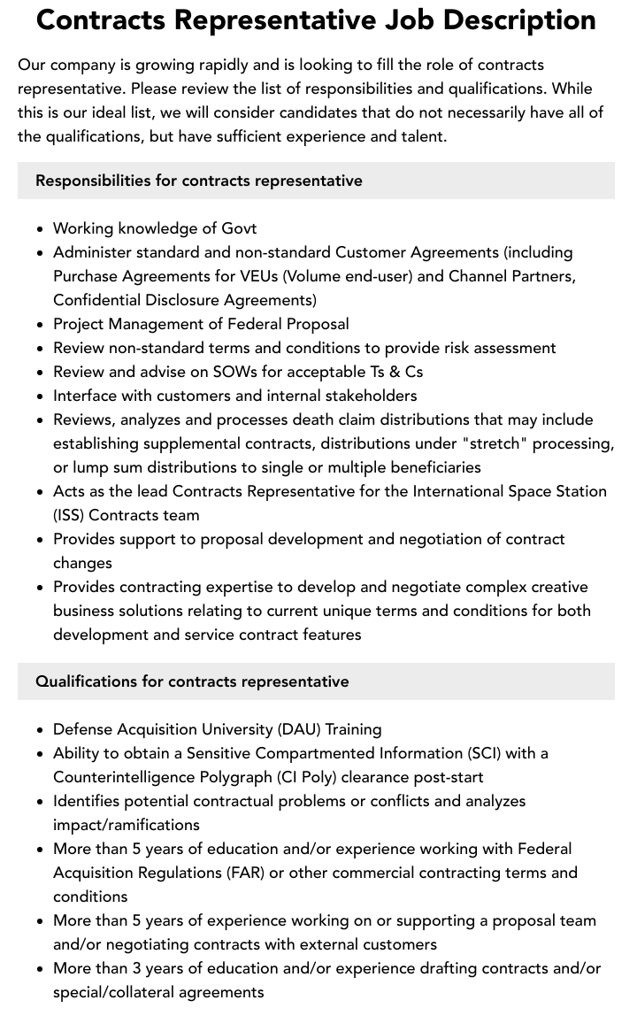Contracts Representative Job Description Velvet Jobs