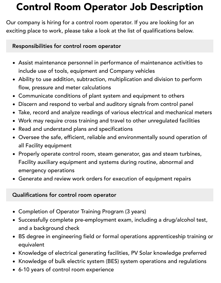 Control Room Operator Job Description Velvet Jobs