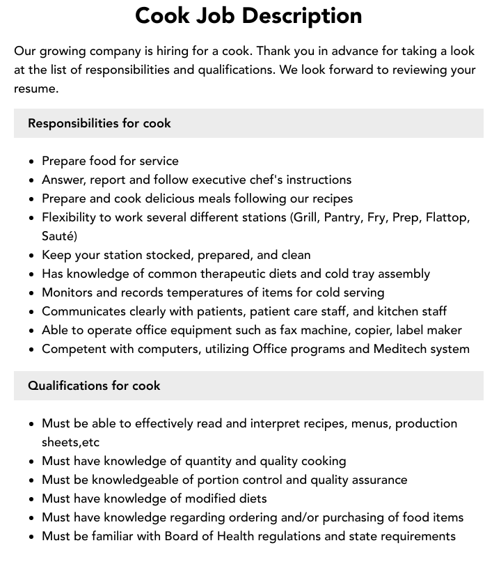 Cook Job Description Velvet Jobs