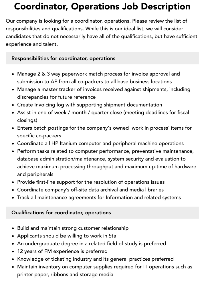 Coordinator Operations Job Description Velvet Jobs