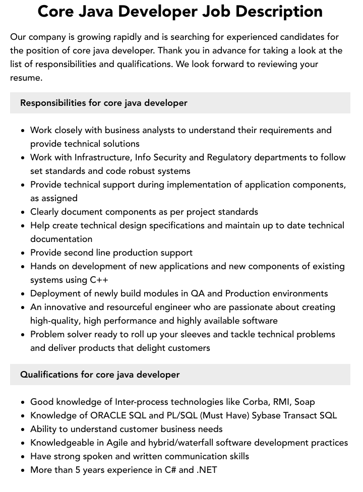 Core Java Developer Job Description Velvet Jobs