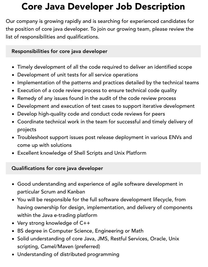 Core Java Developer Job Description Velvet Jobs