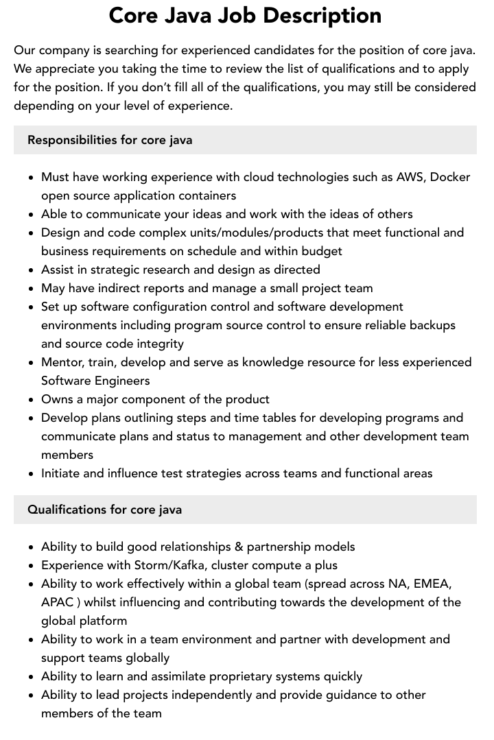 Core Java Job Description Velvet Jobs