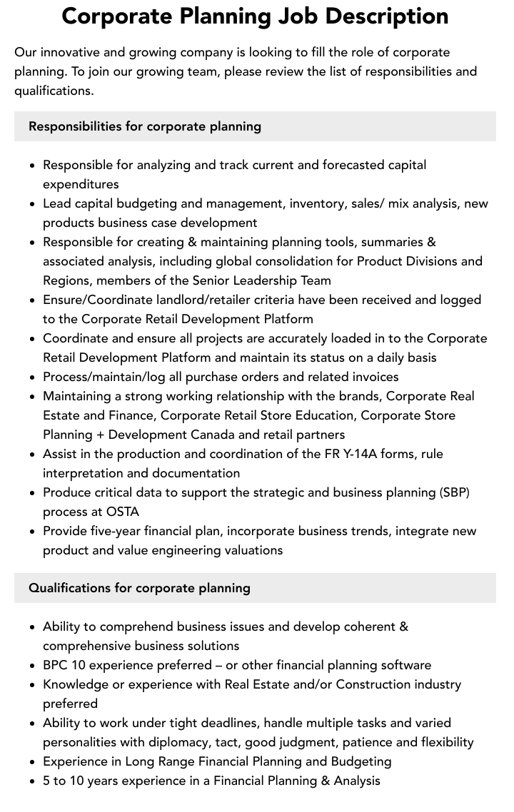 Corporate Planning Job Description Velvet Jobs Corporate Planning Job Description Velvet Jobs