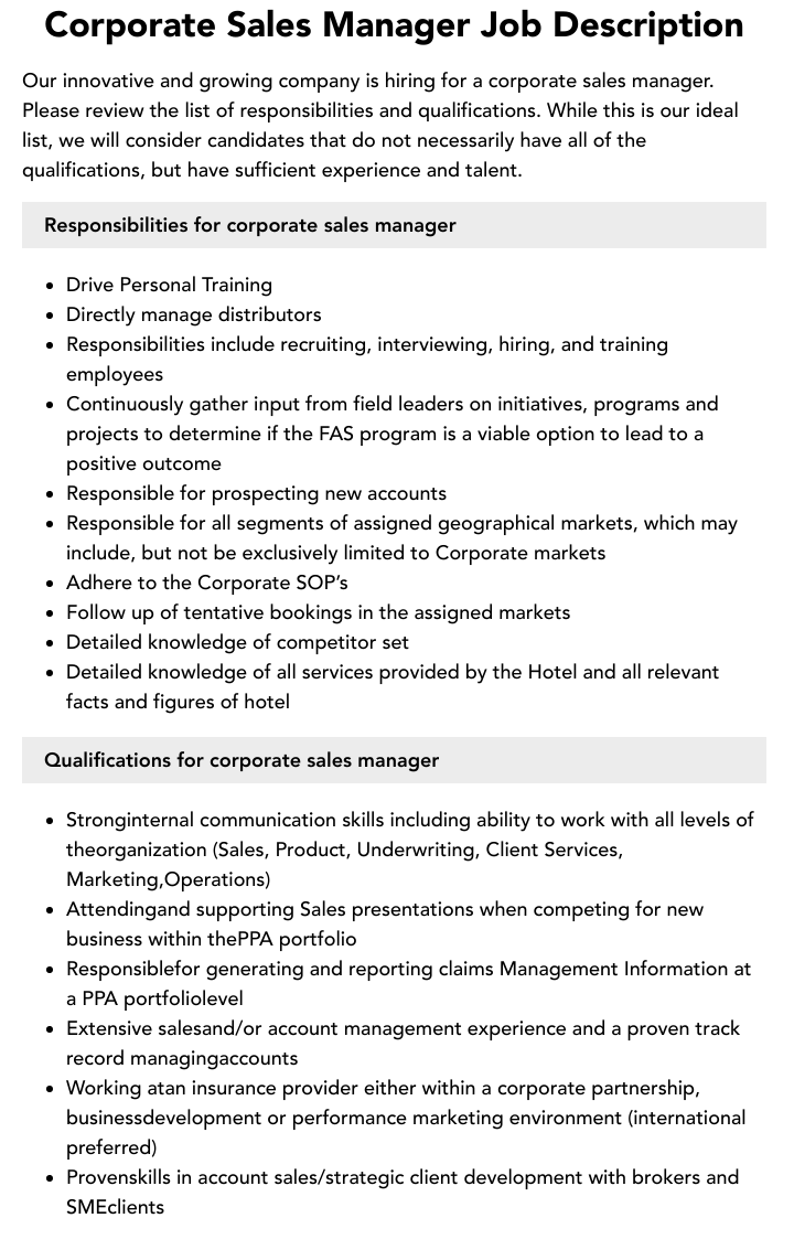 Corporate Sales Manager Job Description Velvet Jobs
