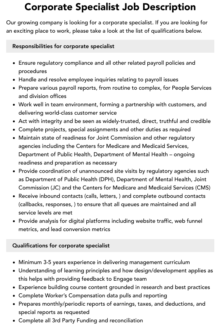 Corporate Specialist Job Description Velvet Jobs
