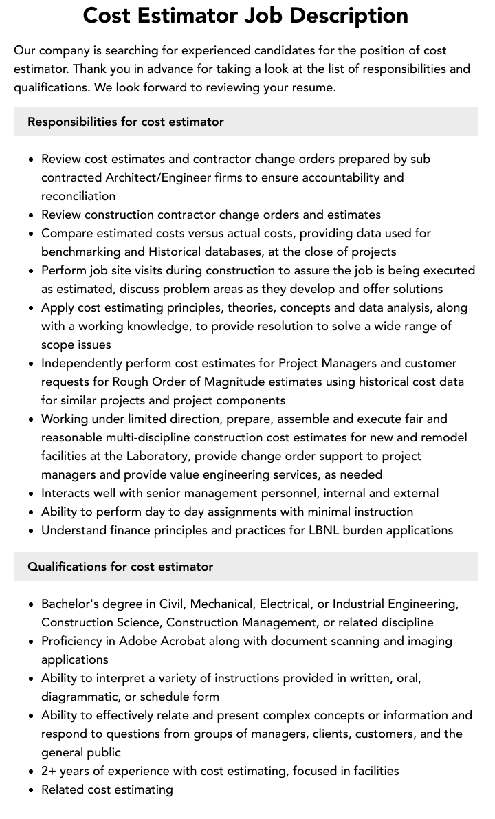 Cost Estimator Job Description Velvet Jobs Cost Estimator Job Description Velvet Jobs