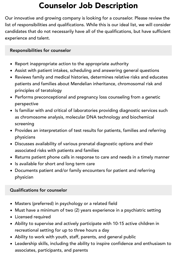 Counselor Job Description Velvet Jobs