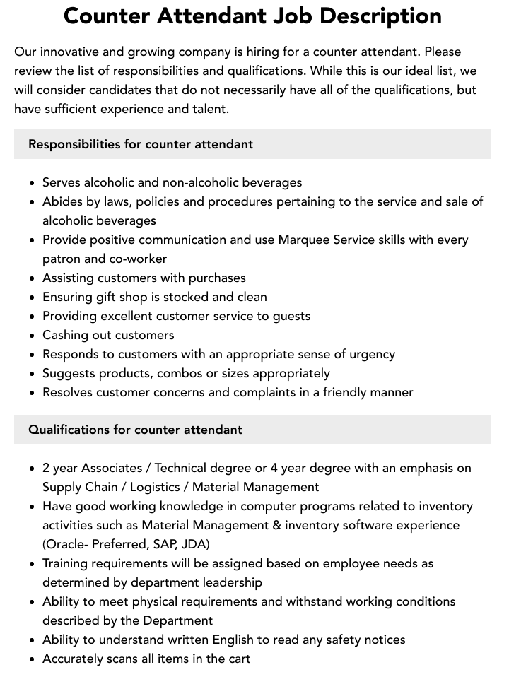 Counter Attendant Job Description Velvet Jobs