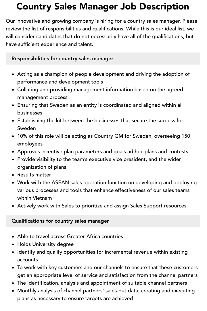 Country Sales Manager Job Description Velvet Jobs