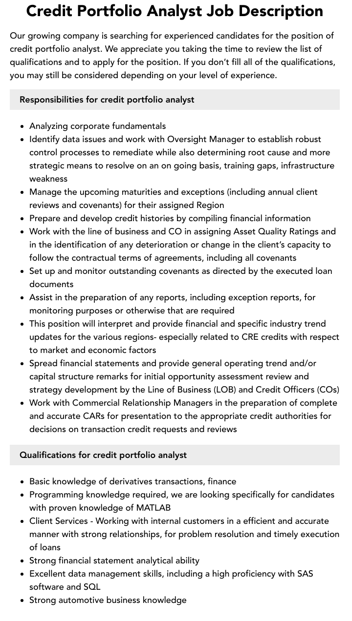 Credit Portfolio Analyst Job Description Velvet Jobs