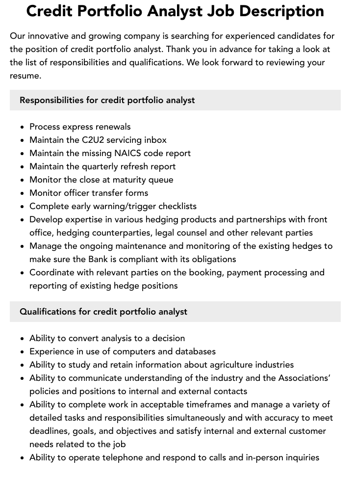 Credit Portfolio Analyst Job Description Velvet Jobs